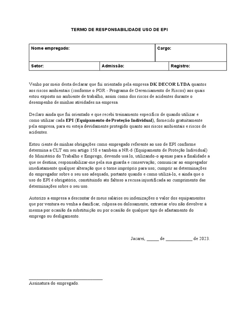 Termo de Responsabilidade Uso de Epi | PDF