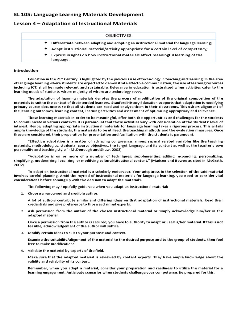 Lesson 4 - Task 4 - Adaptation of Instructional Materals | PDF | Learning | Cognition