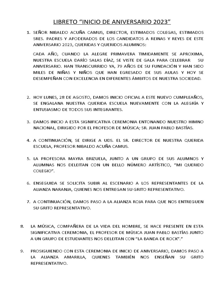 Libreto Acto Inicio de Aniversario 2023 | PDF