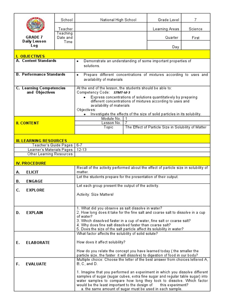 DLL-G7 First Quarter Lesson 7b | PDF | Solubility | Water
