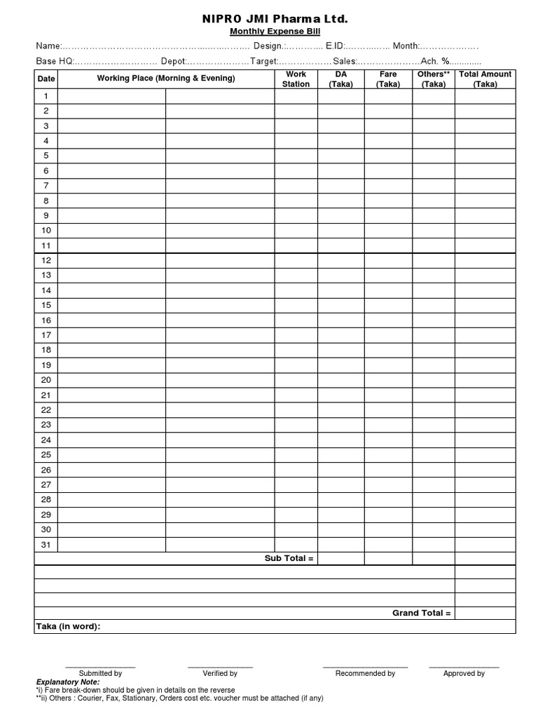 Monthly expense bill format-2021 | PDF
