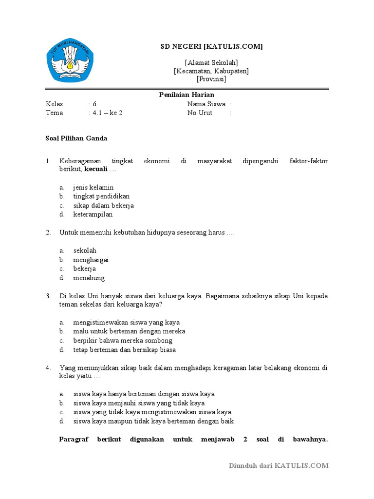 Soal PH Kelas 6 Semester 1 Tema 4 Subtema 1 Ke 2 | PDF