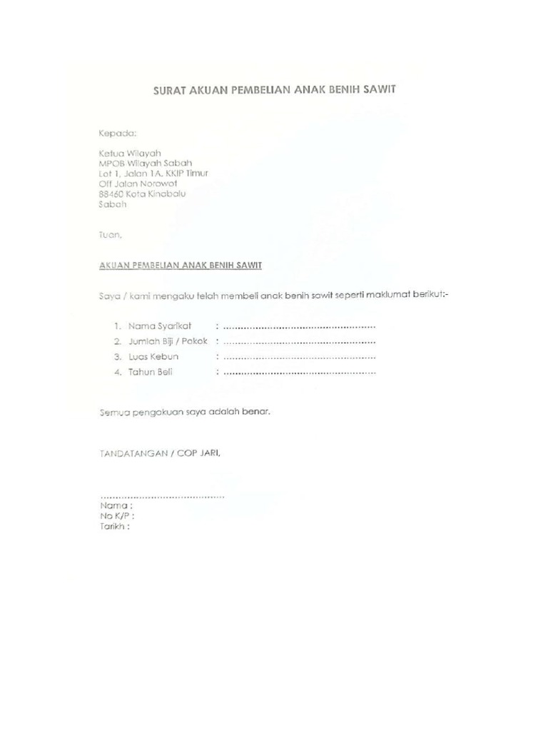 Surat Akuan Pembelian Anak Benih Sawit - Urusan Perlesenan Mpob Mspo ...