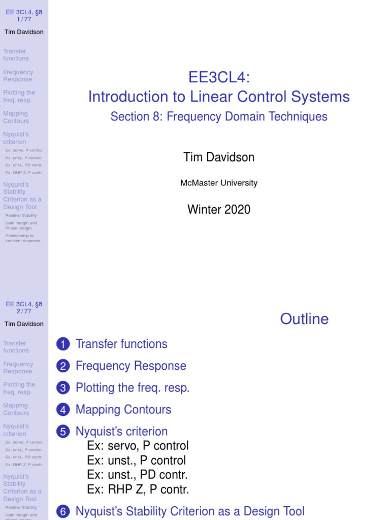 EE3CL4 - Introduction To Linear Control Systems - Section 8 - Frequency ...