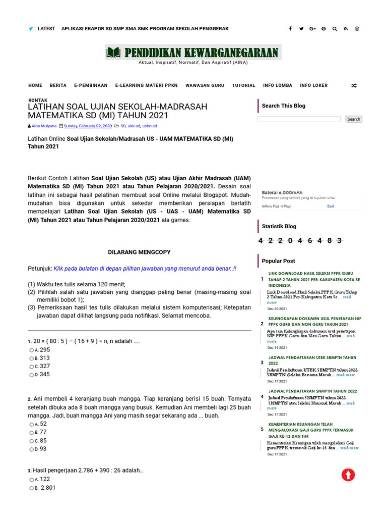 Latihan Soal Ujian Sekolah-Madrasah Matematika SD (Mi) Tahun 2021 Pendidikan Kewarganegaraan ...