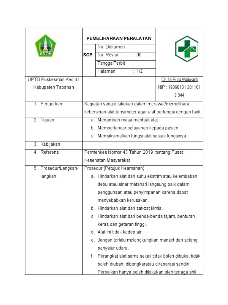 SOP Pemeliharaan Tensimeter | PDF