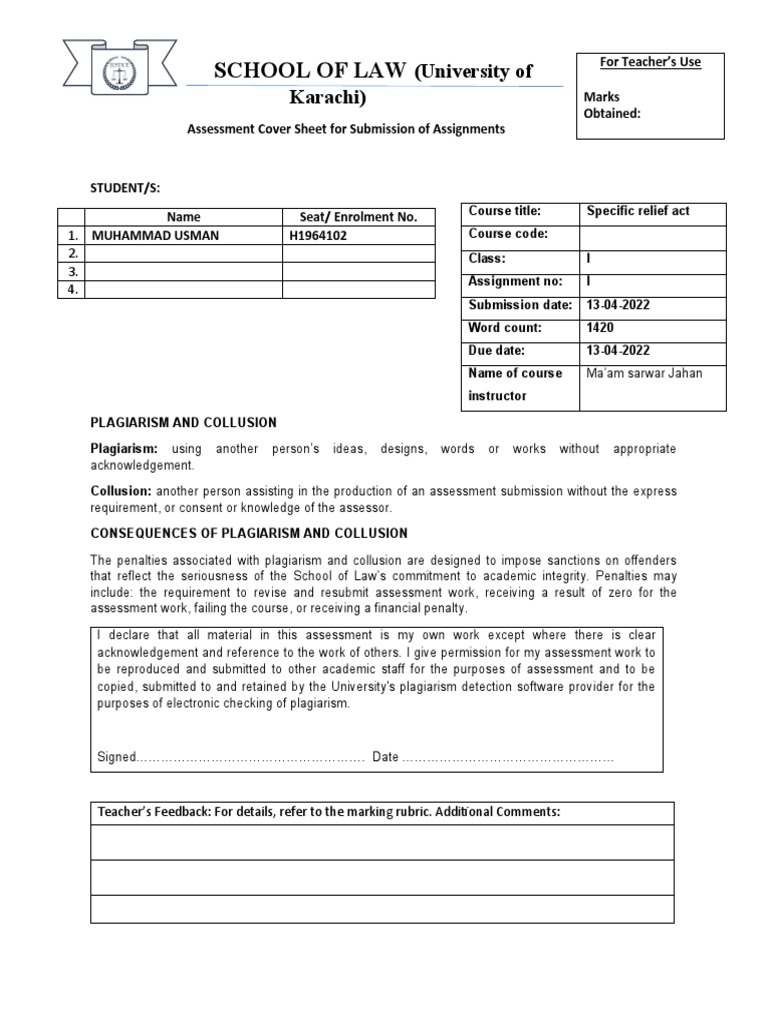 Specific Relief Act Assignment | PDF | Legal Remedy | Injunction