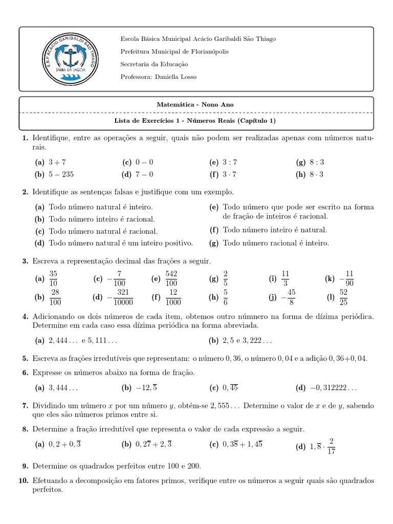 Lista de Exercícios 1 - Números Reais (Capítulo 1) | PDF