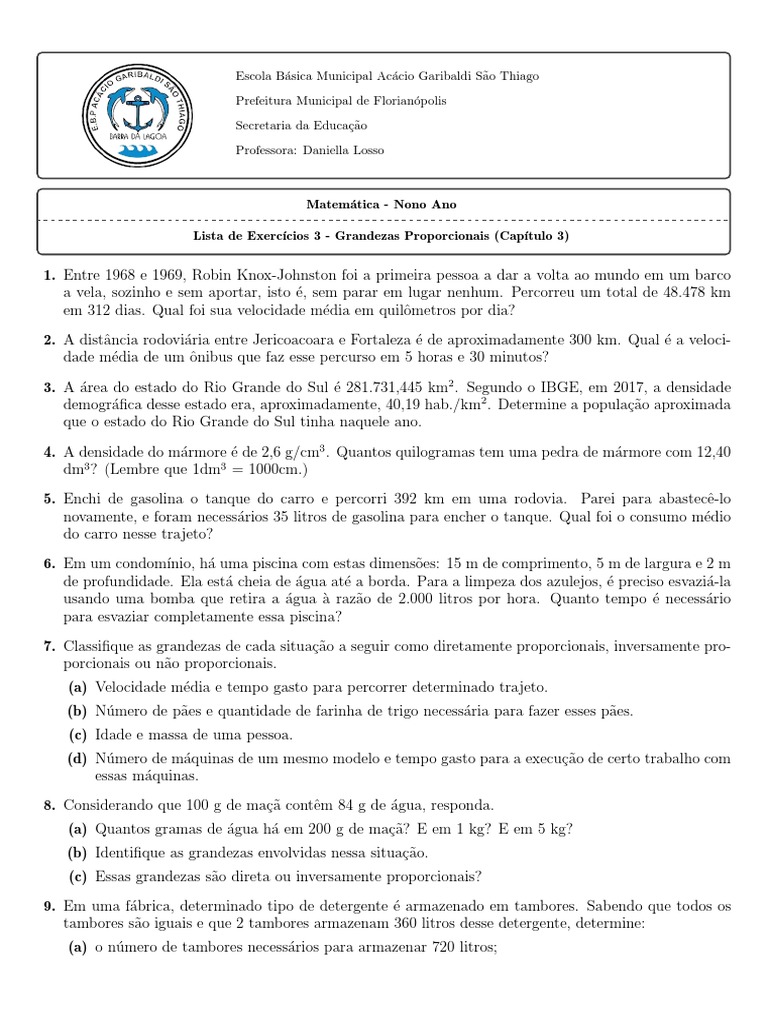 Lista de Exercícios 3 - Grandezas Proporcionais (Capítulo 3) | PDF