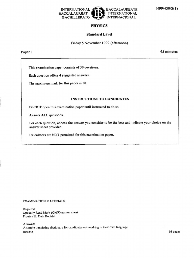 Physics SL P1 1999 Nov | PDF