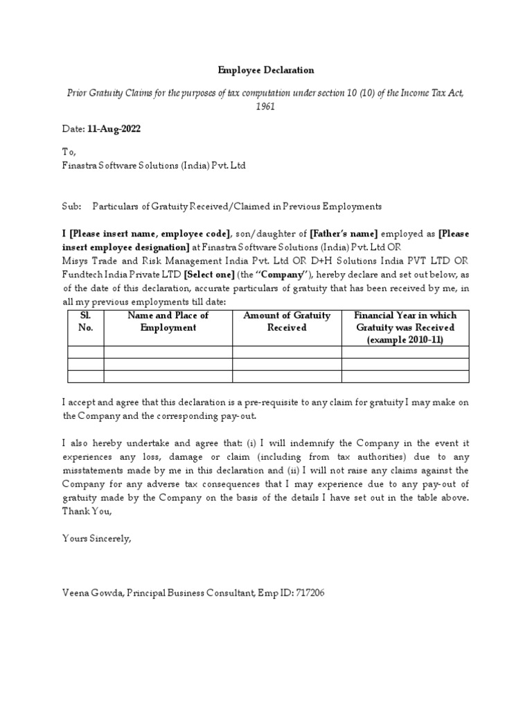 Employee Declaration - Gratuity | PDF