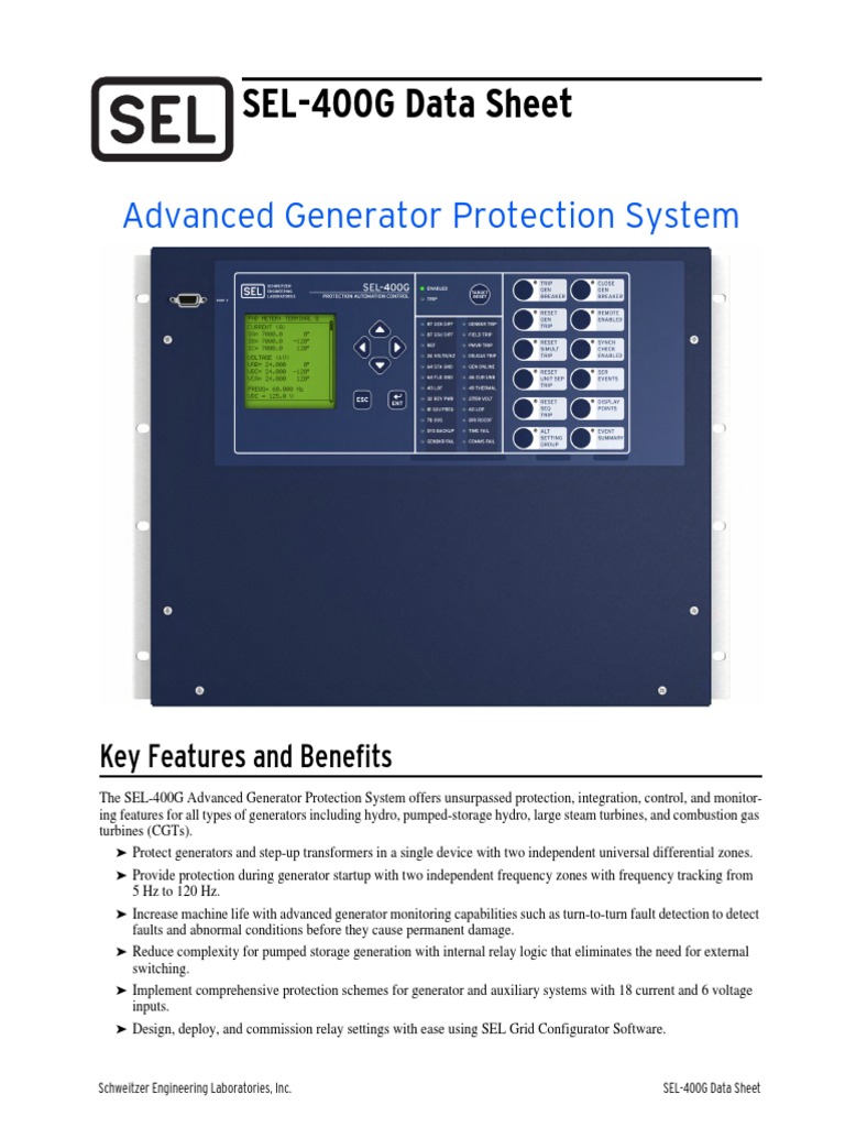 SEL-400G Data Sheet: Advanced Generator Protection System | PDF