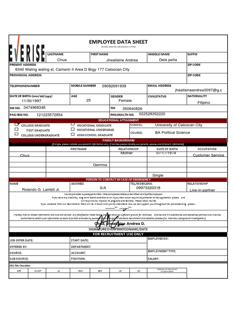 Employee Data Sheet | Download Free PDF | Business | Labor