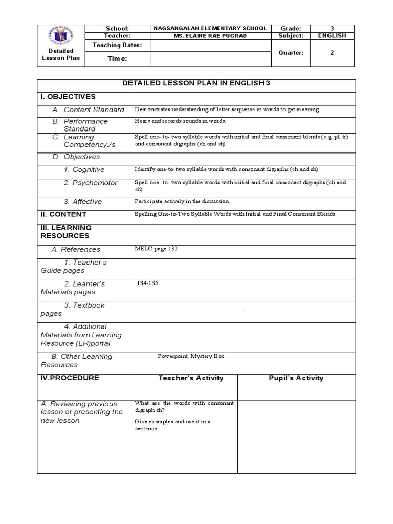 Detailed Lesson Plan Observe | PDF | Lesson Plan | Syllable