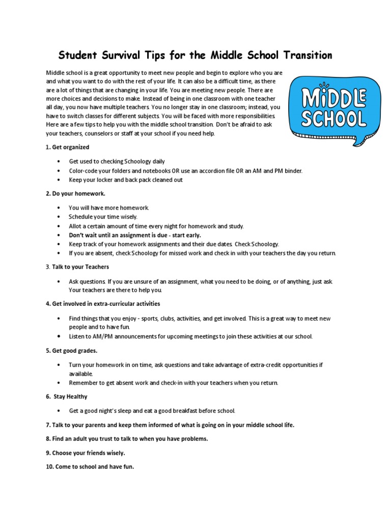 Student Survival Tips for the Middle School Transition | PDF | Teachers ...