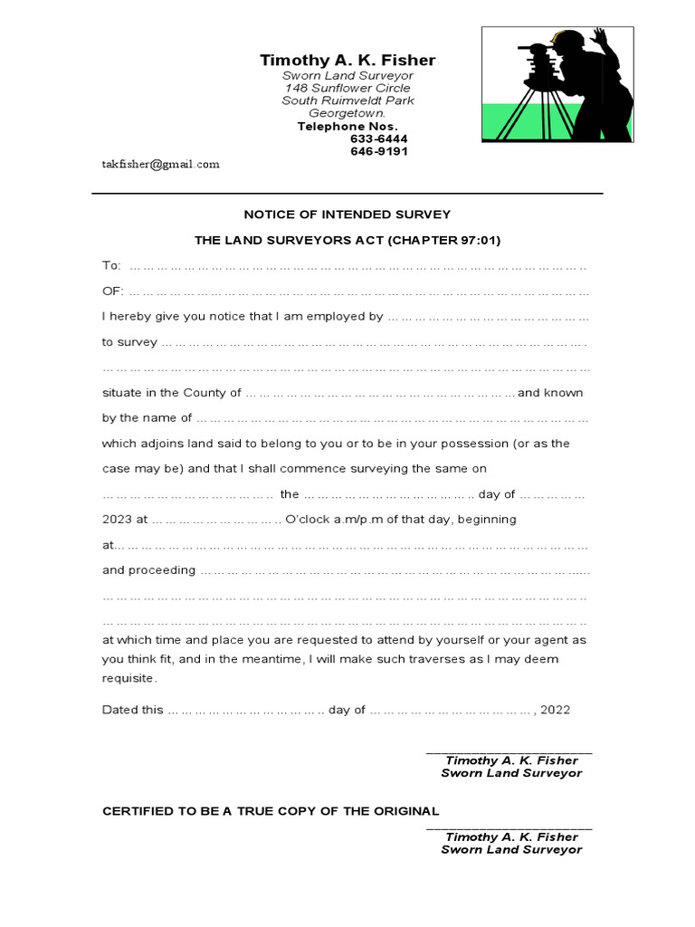 NOTICE OF INTENDED SURVEY BY Timothy Fisher | PDF