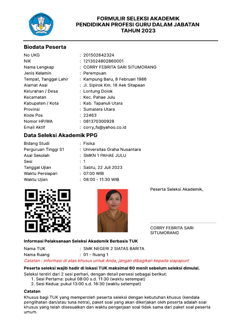 Kartu Ujian Akademik Corry - Febrita - Sari - Situmorang 2307200856 | PDF
