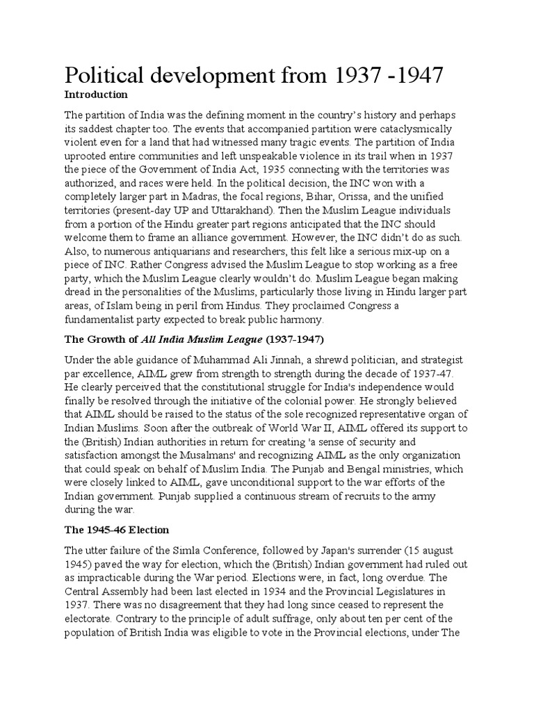Political Development From 1937 | PDF | All India Muslim League