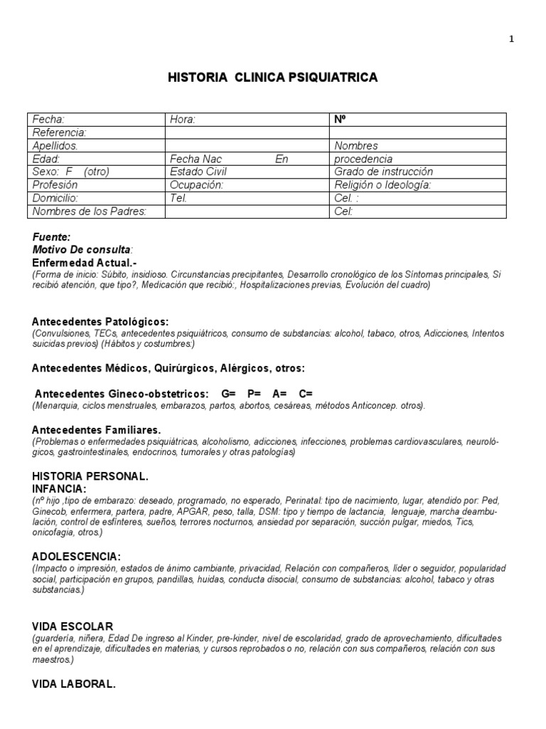 HISTORIA CLINICA PSIQUIATRICA (Modelo) | PDF