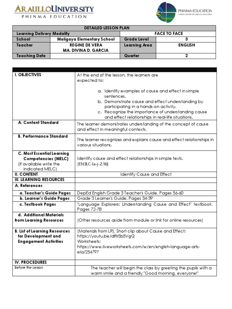 Cause and Effect Lesson Plan for Grade 3 | PDF | Teachers | Learning
