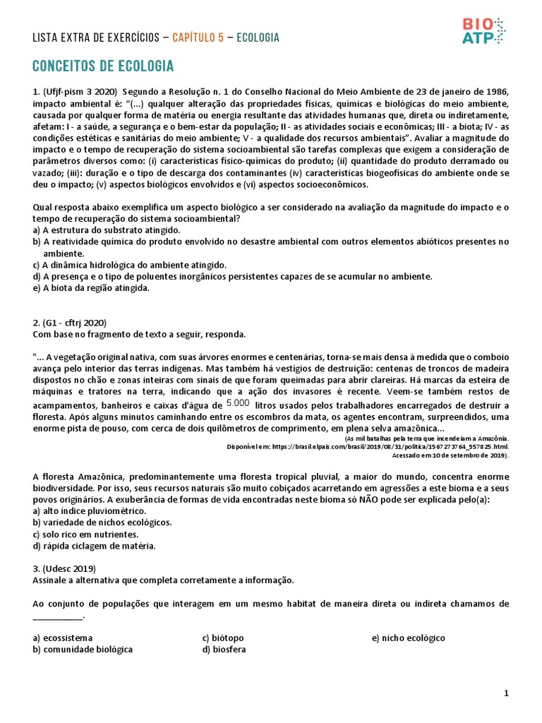 Lista Extra 1 - Ecologia - Conceitos | PDF