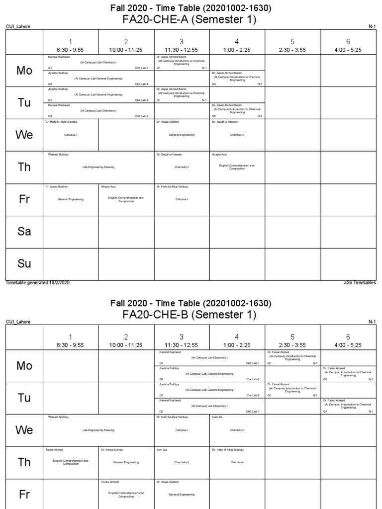 CUI Lahore Fall 2020 Timetables | PDF