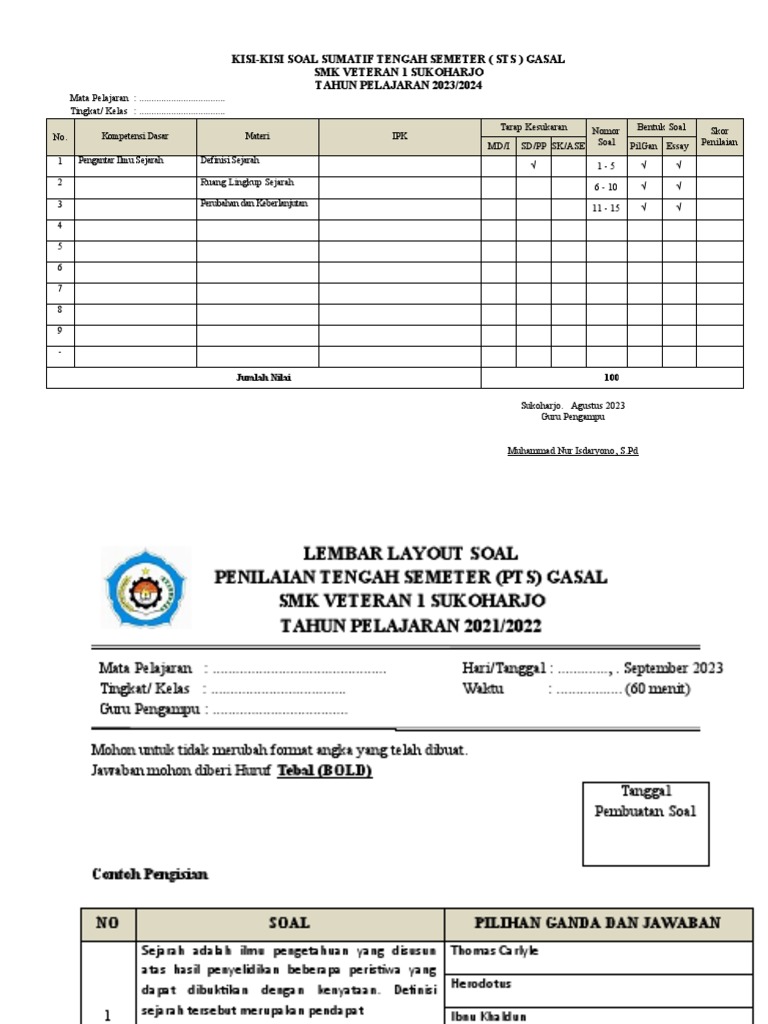Blangko Naskah Soal, kunci Jawaban dan kisi-kisi Sejarah STS Gasal | PDF