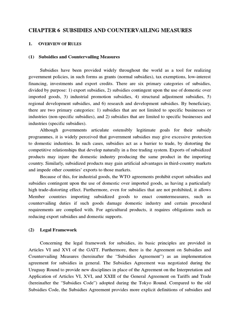 Chapter 6 Subsidies and Countervailing Measures: Verview of Ules | PDF