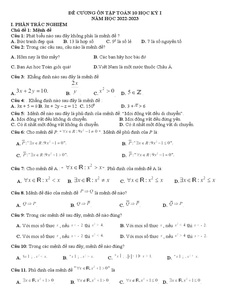 De Cuong On Tap Toan 10 HK1 Nam 2022 2023 | PDF