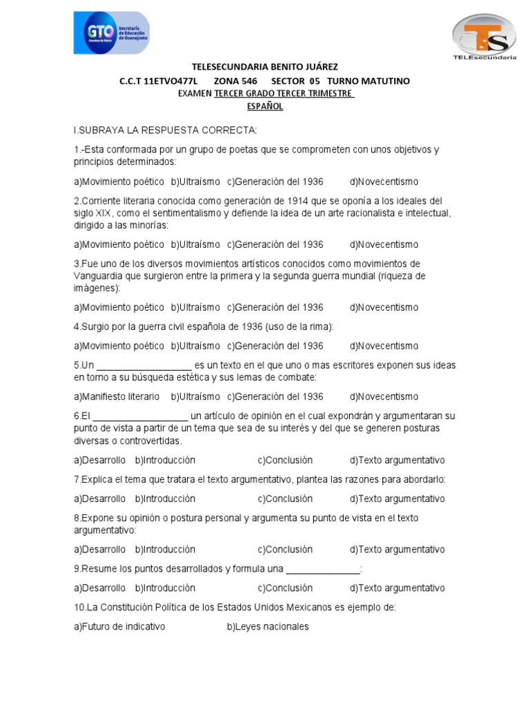 EXAMEN ESPAÑOL 3o-PERIODO 3 | PDF