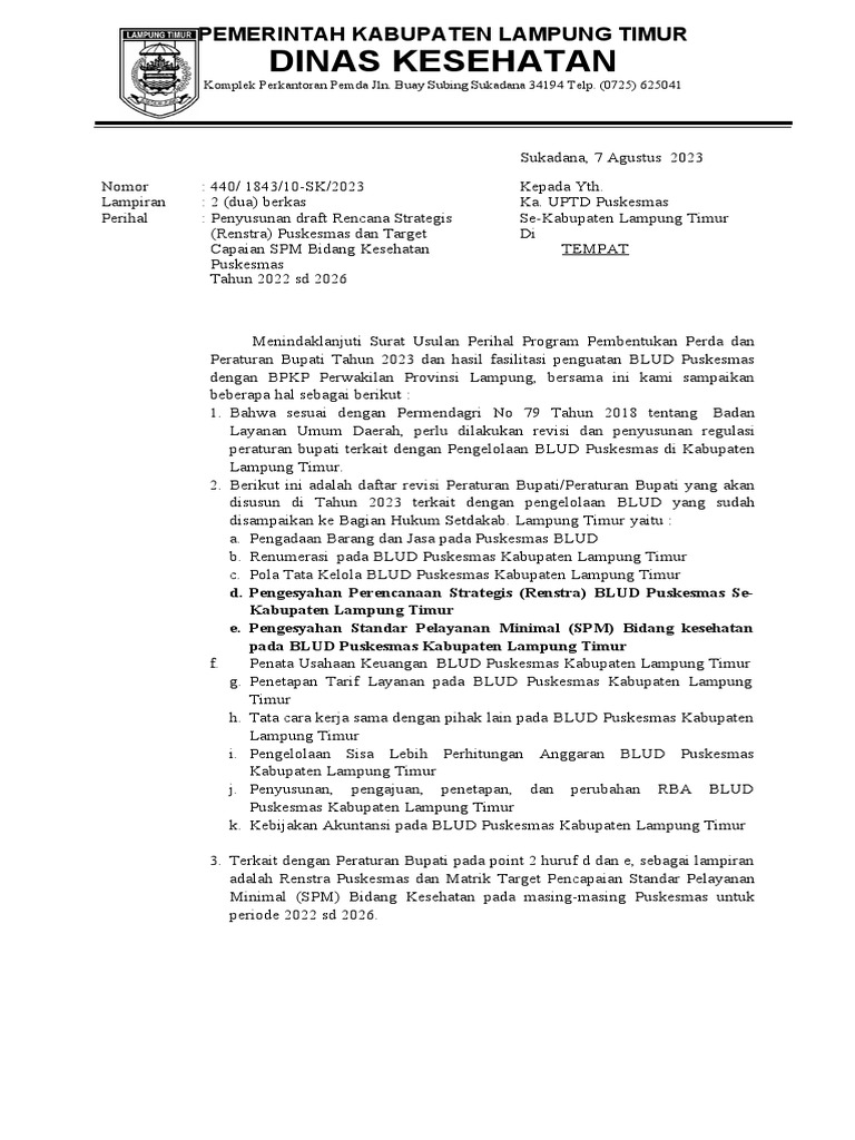 Surat Penyusunan Renstra dan SPM Puskesmas.pdf - Copy | PDF