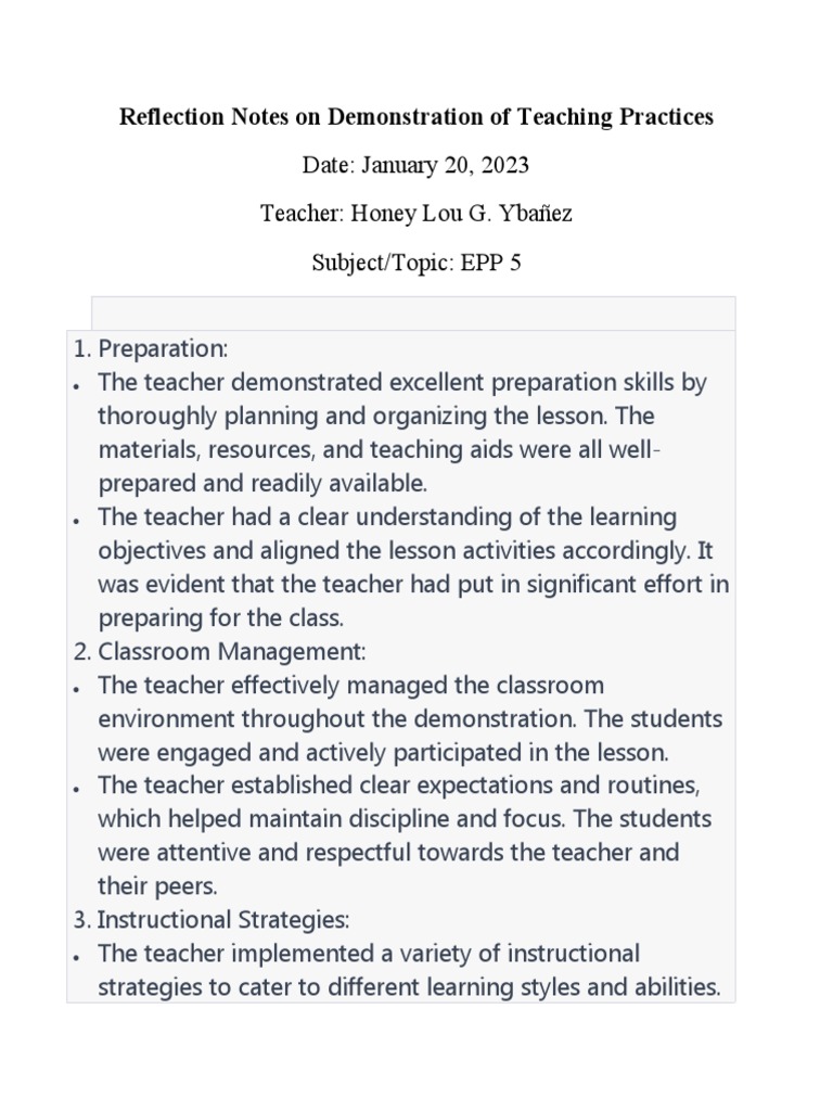 Reflection Notes On Demonstration of Teaching Practices | Download Free ...
