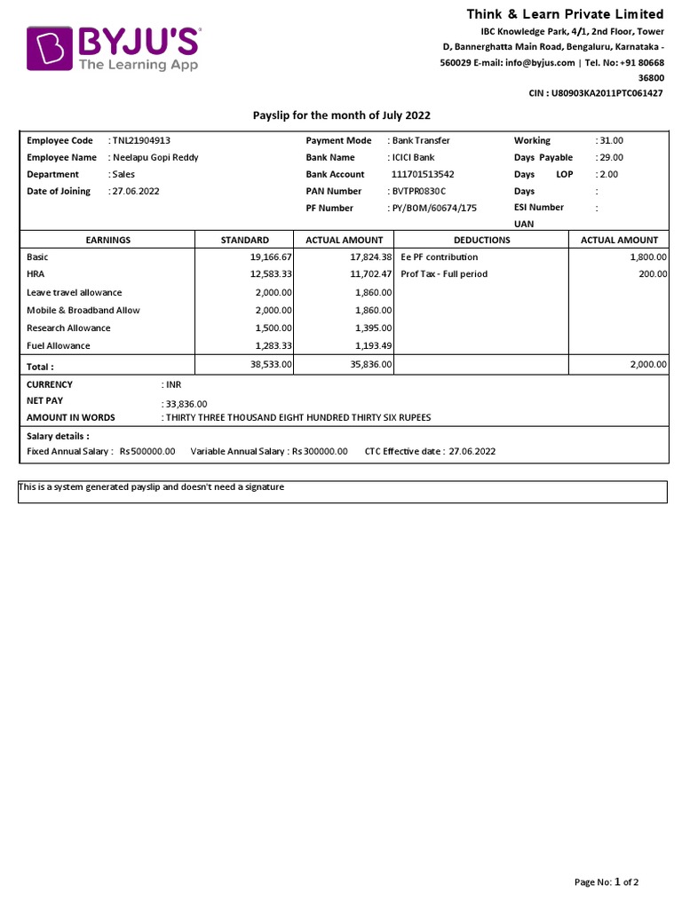BYJU's July Payslip | PDF | Taxes | Paycheck