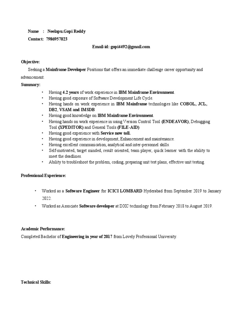 Gopi Reddy Mainframe Developer Resume | PDF | Ibm Db2 | Computing
