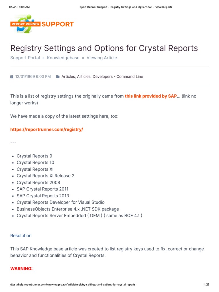 Report Runner Support - Registry Settings and Options For Crystal Reports | PDF | Windows ...