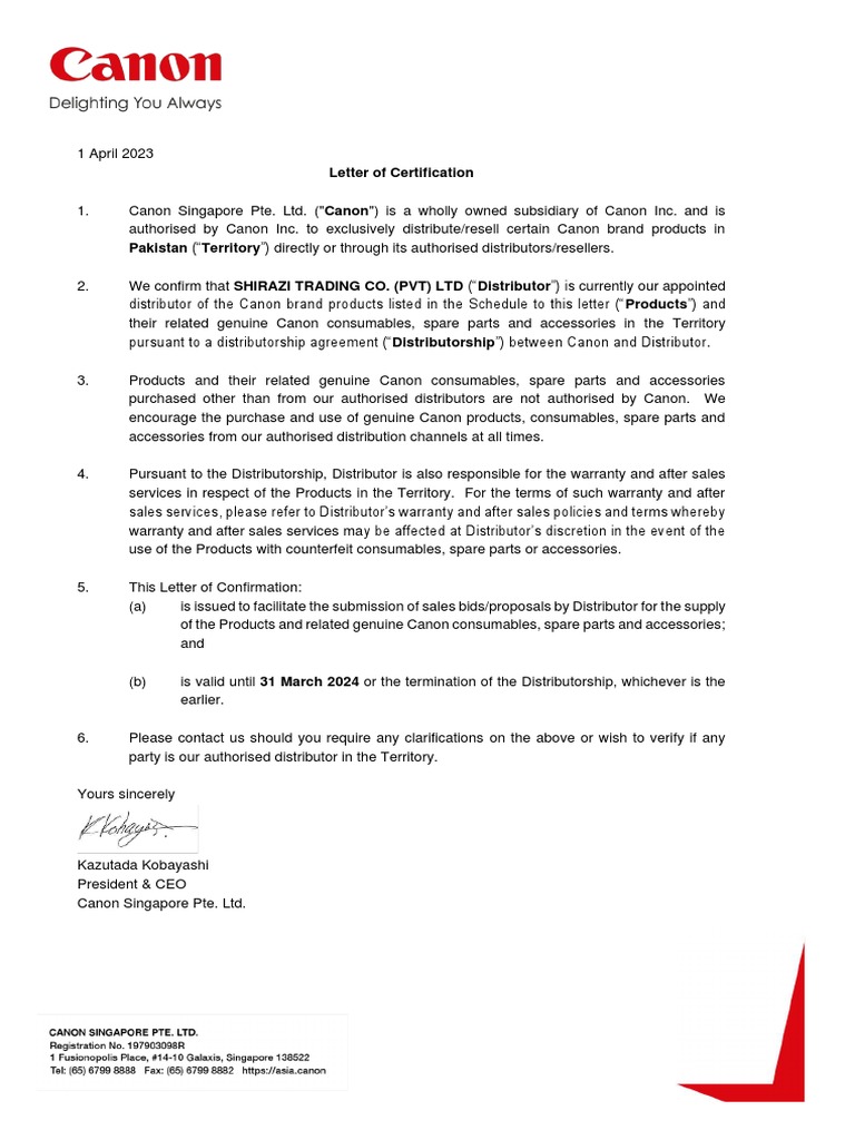 Letter of Certification - Shirazi (1 Apr 2023 Signed) | PDF | Printer (Computing) | Canon Inc.