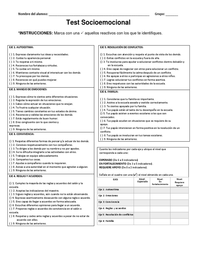 Test Socioemocional para Niños | PDF | Sicología | Conceptos psicologicos