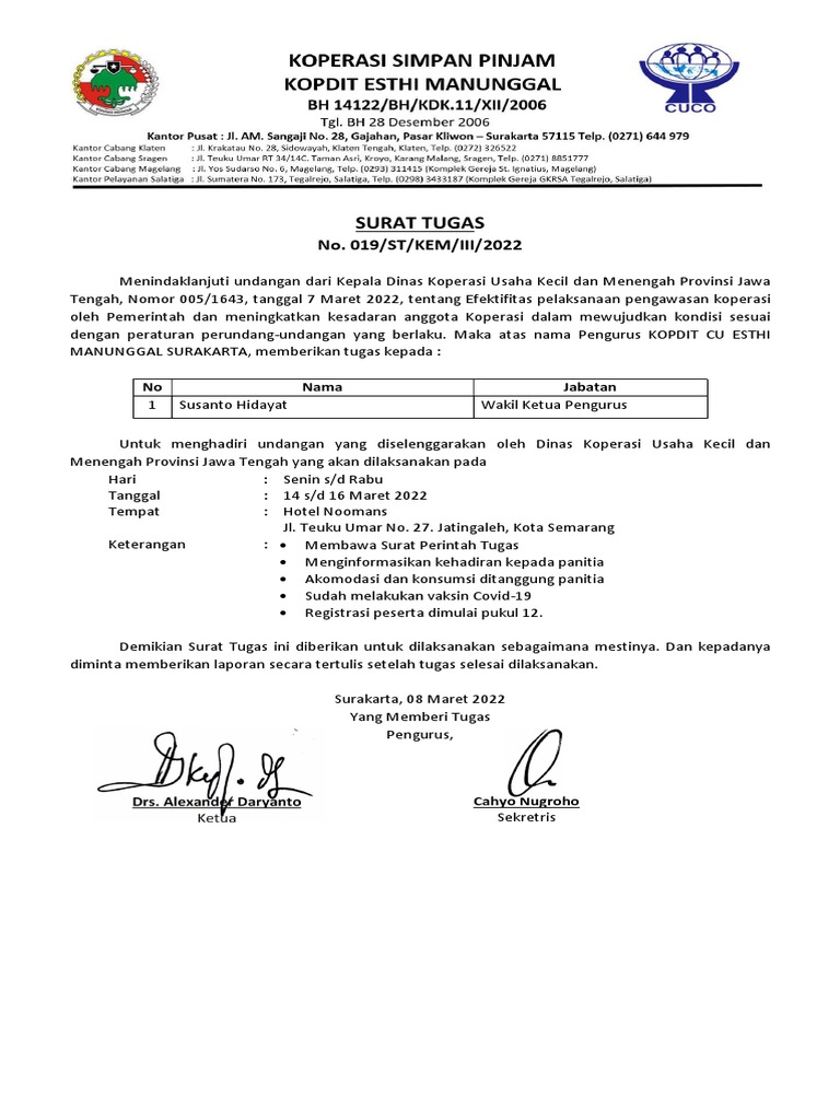 Surat Tugas Bimtek Pengurus Pengawas Koperasi | PDF