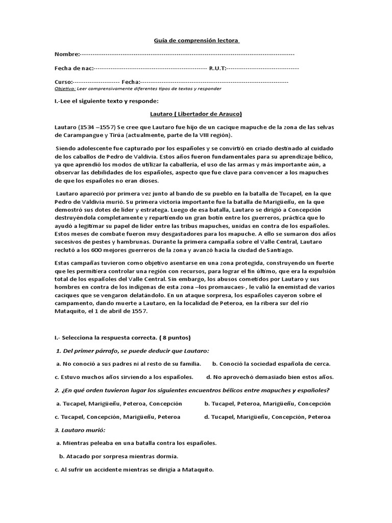 Guia Comprensión Lectora Con Preguntas | PDF
