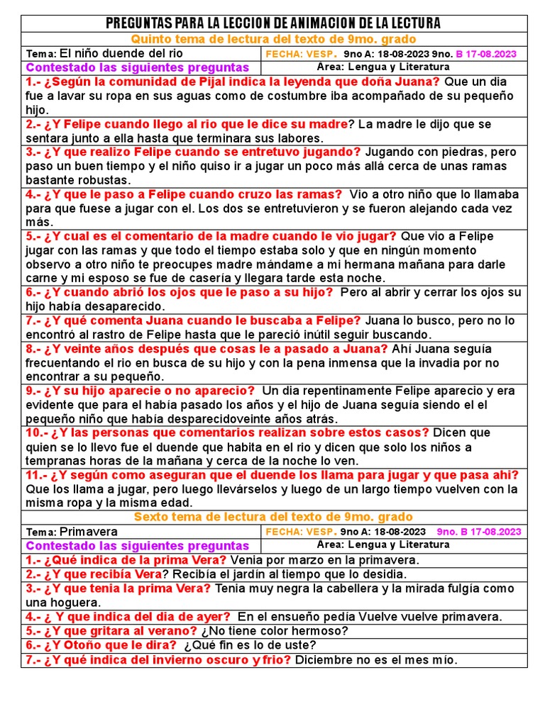 Preguntas para La Leccion de Animacion de La Lectura | PDF