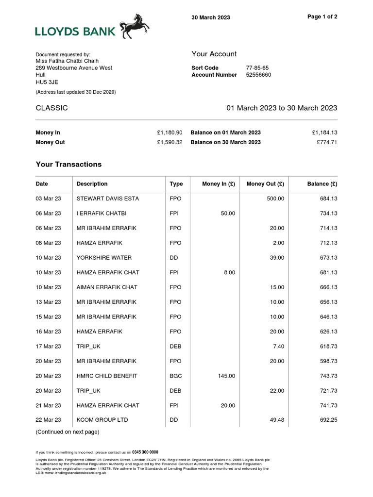 Lloyds Bank Account Statement Summary | PDF