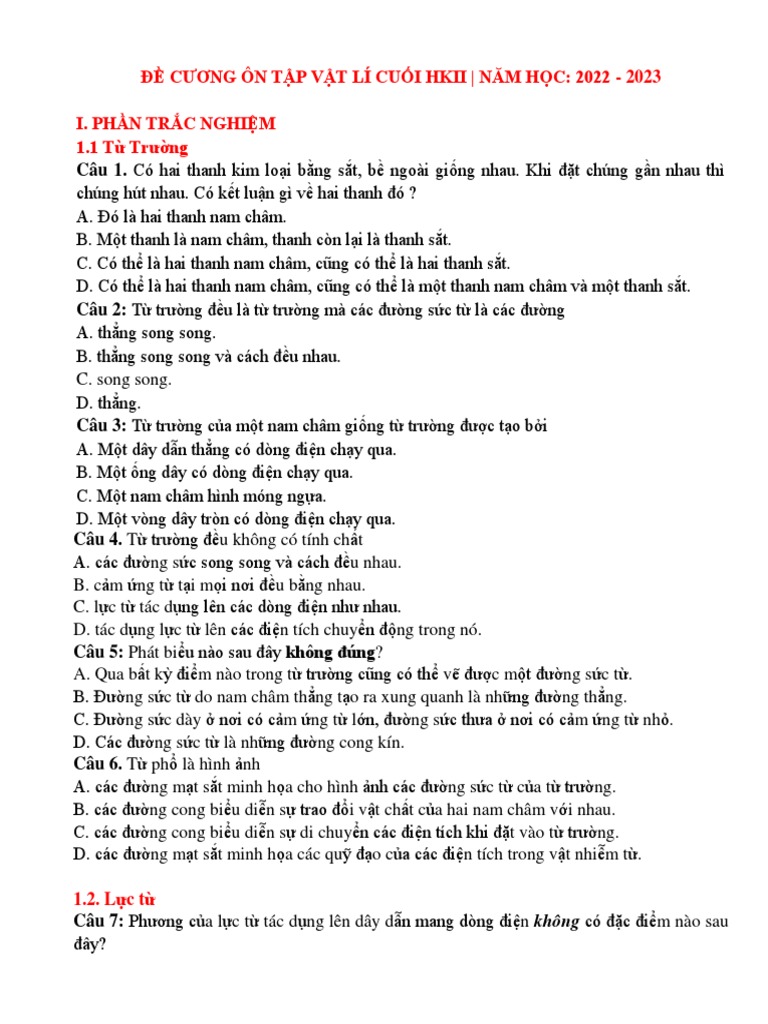 Đề cương ôn tập Vật Lí cuối HKII K11 - Ban Xã Hội - Năm 2022-2023 | PDF
