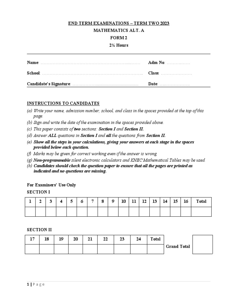 2023 MATHEMATICS F2 QS T2 Exam Teacher - Co - .Ke | PDF | Area | Triangle