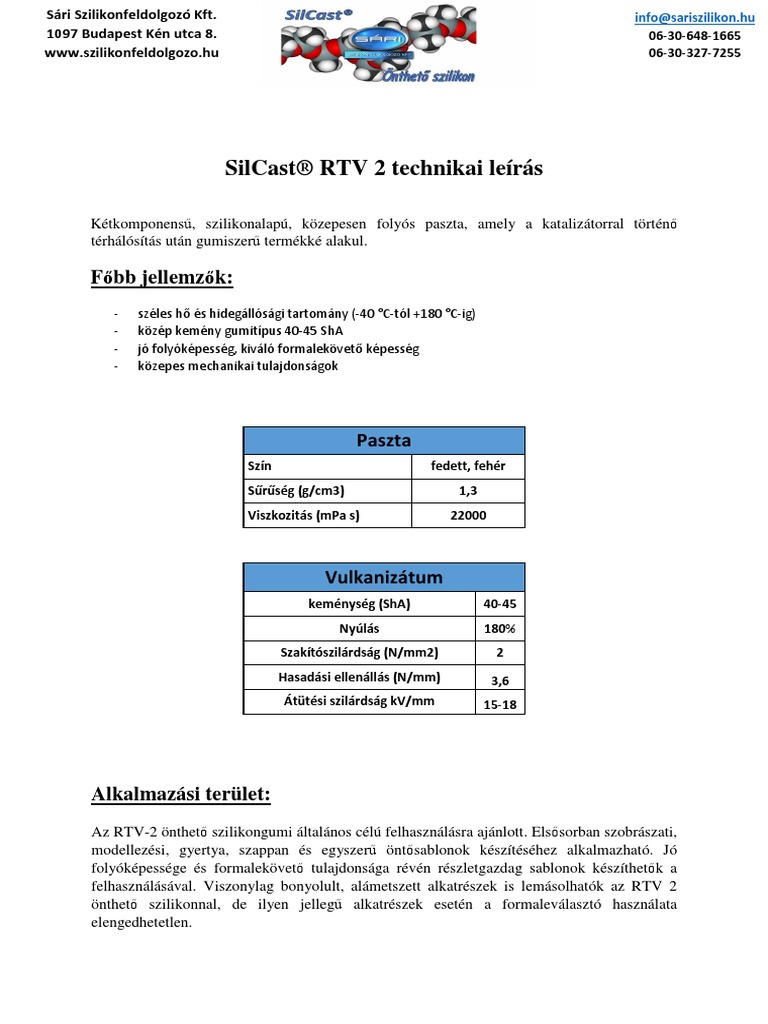 SilCast RTV 2 Altalanos Ontheto Szilikon Leiras | PDF