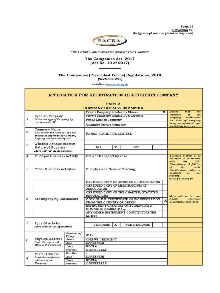 ForeignCompaniesForm38 FARAS UPDATE | PDF | Companies | Articles Of Association