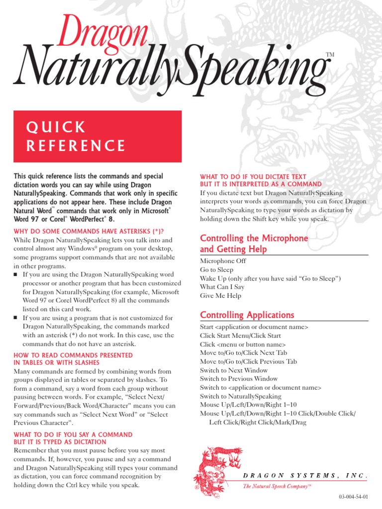Dragon Nat Speak Quick Reference | PDF