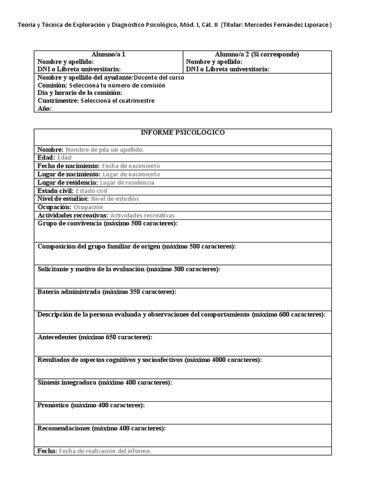 INFORME PSICOLOGICO ADULTOS - Template | PDF