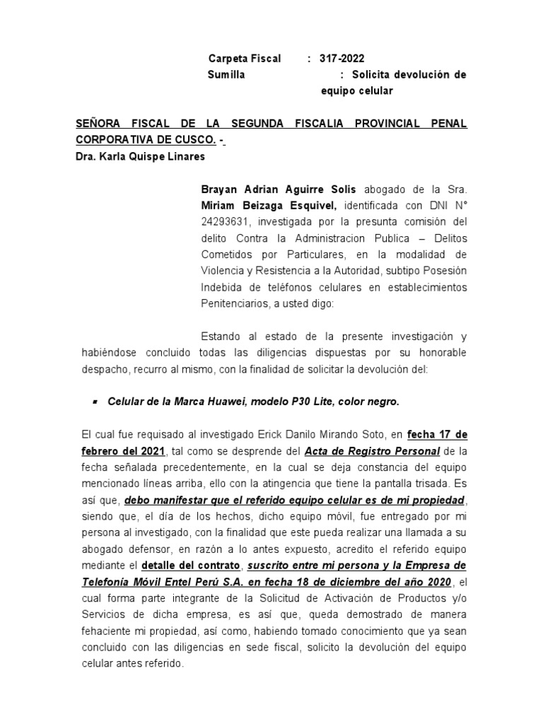 Alfa Beta Gama Miranda Soto - Solicita Devolucion de Equipo Celular | PDF
