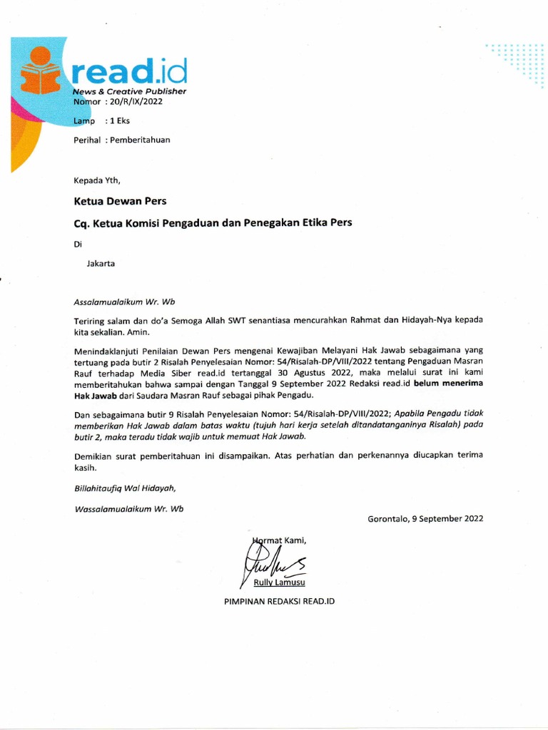 Surat Pemberitahuan Dewan Pers Read Id | PDF