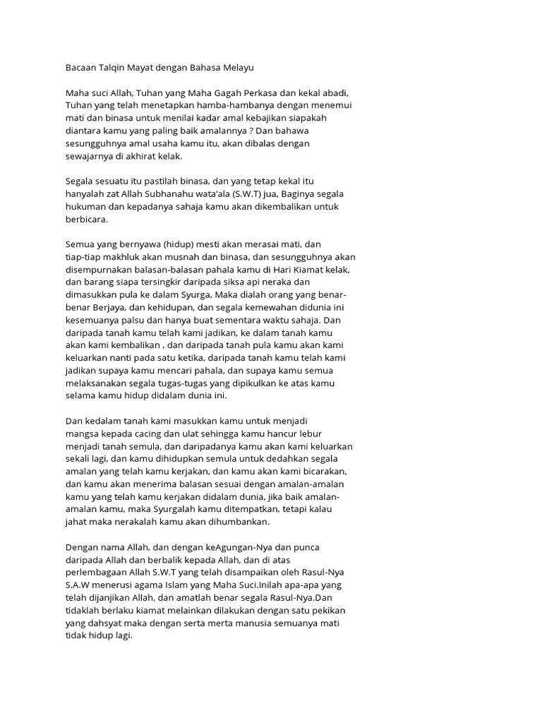 Bacaan Talqin Mayat dengan Bahasa Melayu | PDF
